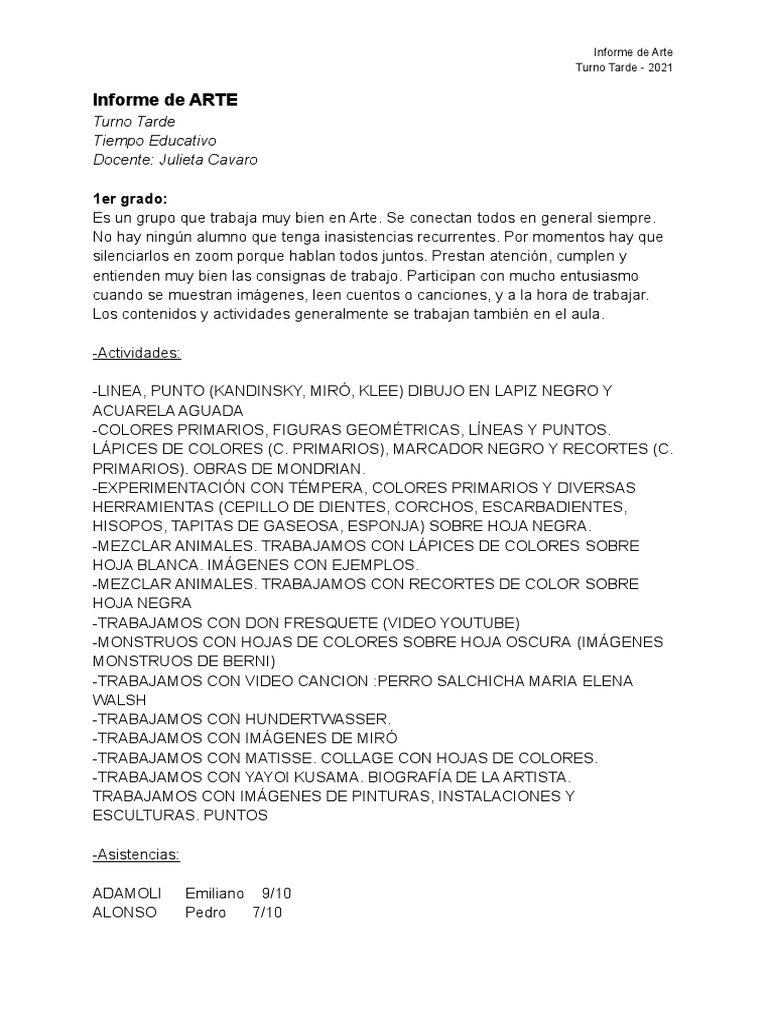 Informe Arte T.T 2021 | PDF | Artes plásticas | Tecnicas artisticas