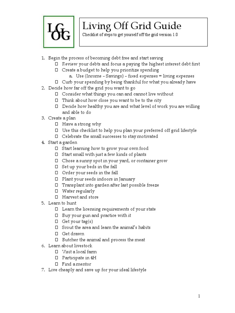 Living Off Grid Guide Checklist Off Grid v1 | PDF | Off The Grid ...
