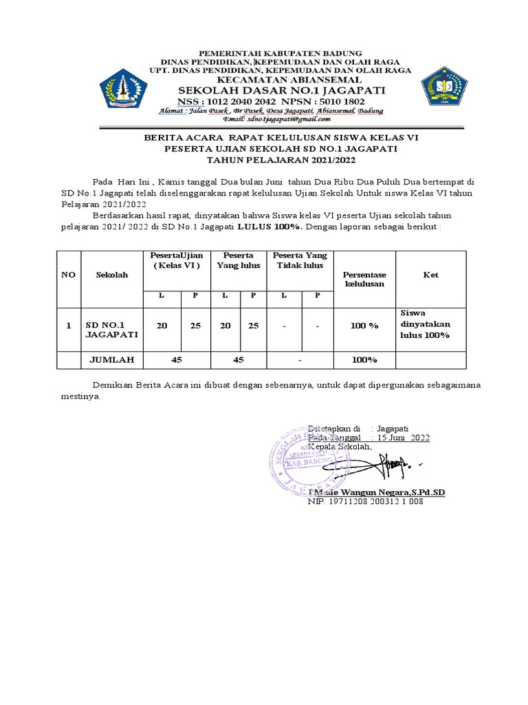 Berita Acara Dan Data Kelulusan Siswa SD No.1 Jagapati Tahun 2022 | PDF