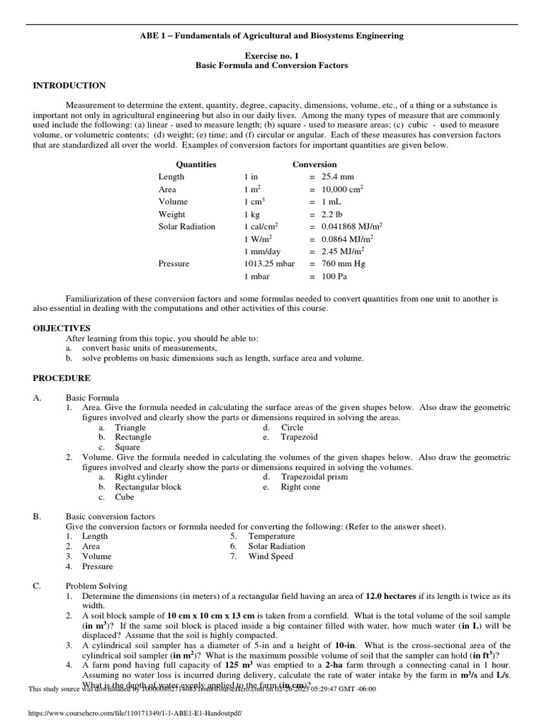 Introduction to Measurement Units, Conversion Factors, and Formulas for ...