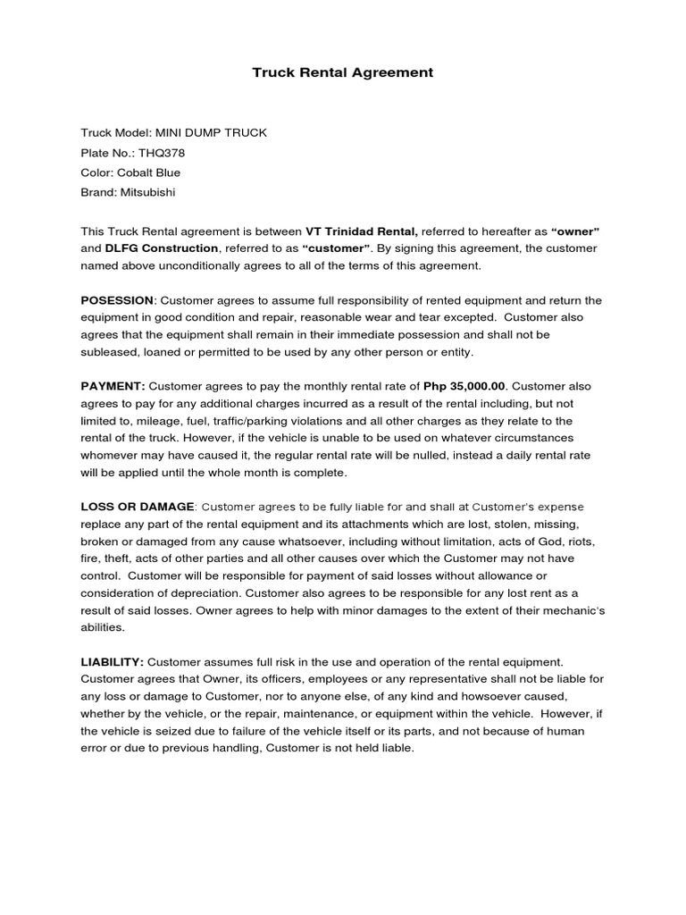 Truck Rental Agreement | PDF | Legal Liability | Renting
