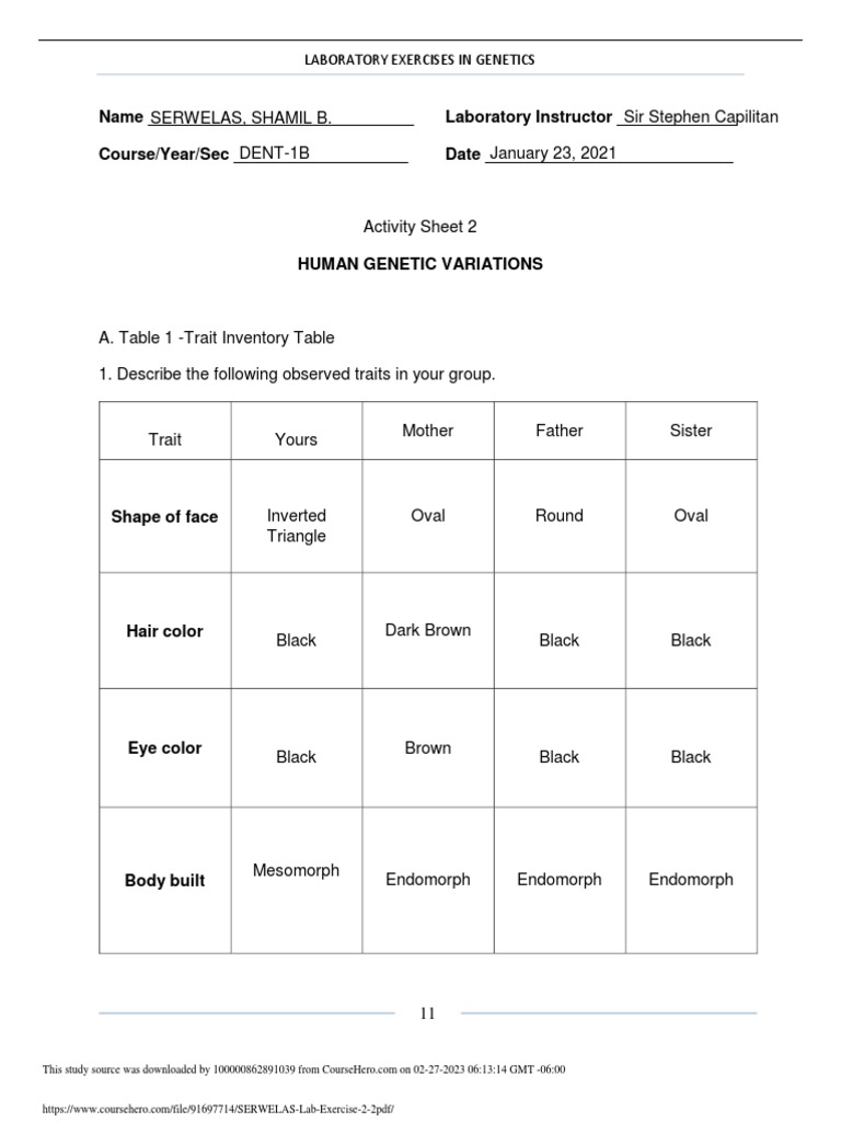 SERWELAS Lab Exercise 2 2 PDF | PDF | Phenotypic Trait | Genetics