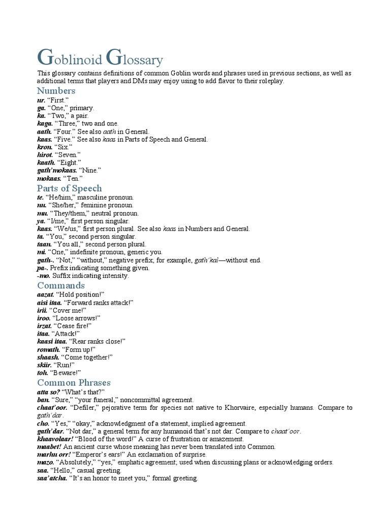 Goblinoid Glossary | PDF | Grammatical Number | Linguistic Morphology