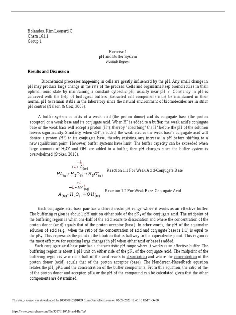 Chem 161.1 Exer 1 Kim | PDF | Buffer Solution | Acid Chem 161.1 Exer 1 Kim | PDF | Buffer Solution | Acid