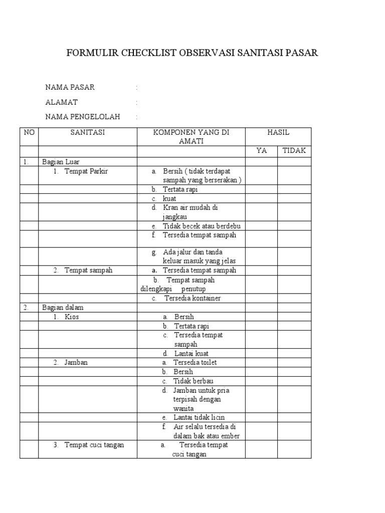 Formulir Checklist Observasi Sanitasi Pasar | PDF