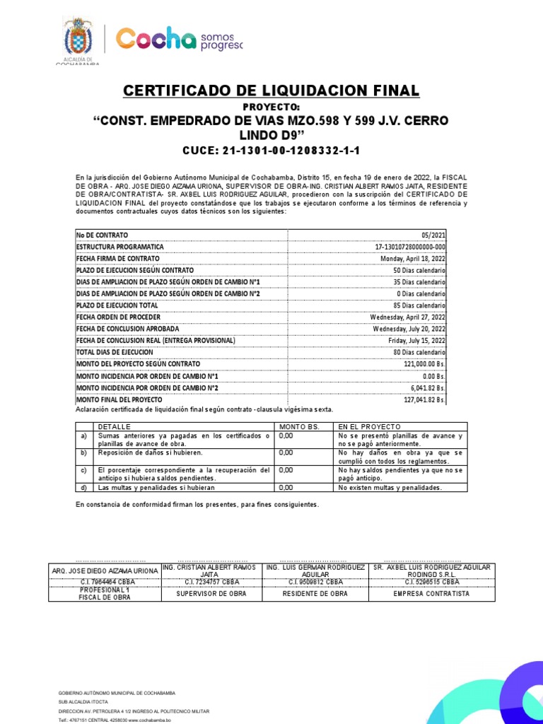 Certificado de Liquidacion Final | PDF