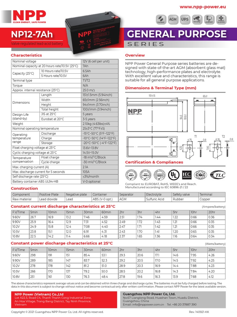 NP12V 7ah | PDF | Chemistry | Electricity