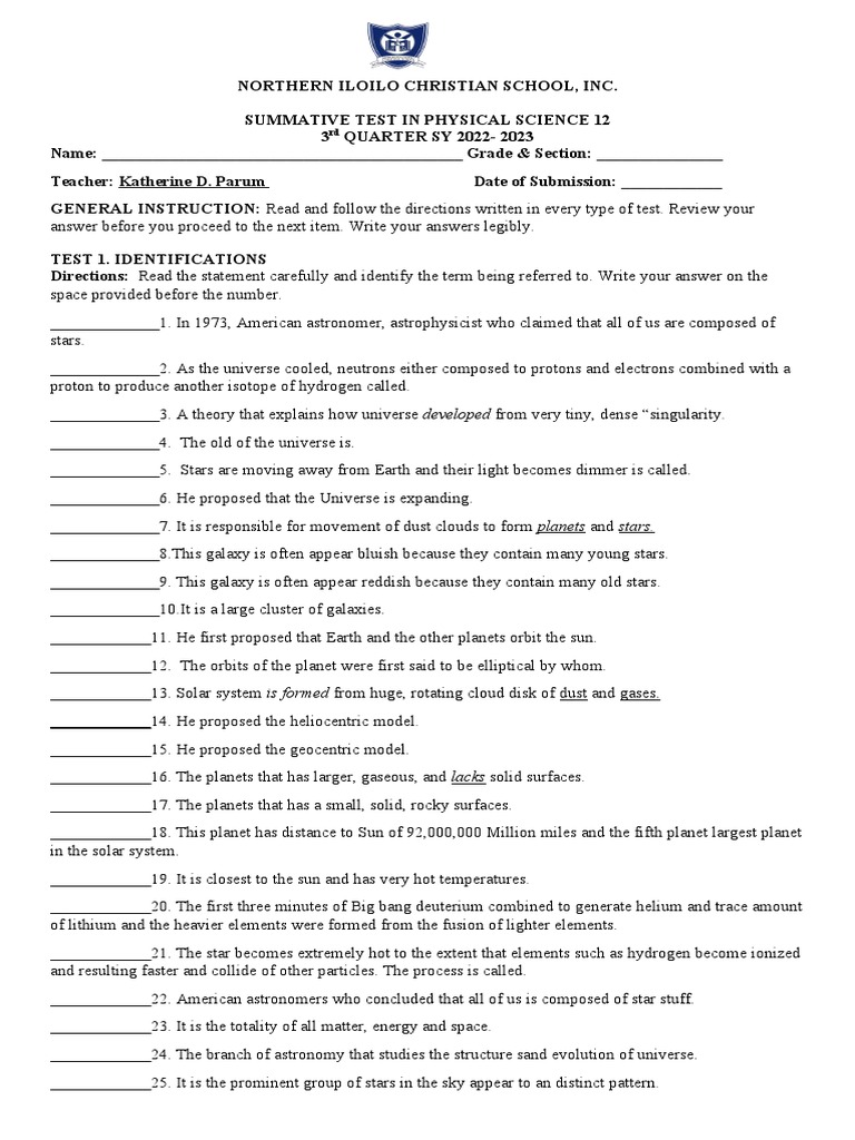 Physical Science 12 Summative Test | PDF | Chemical Elements | Stars