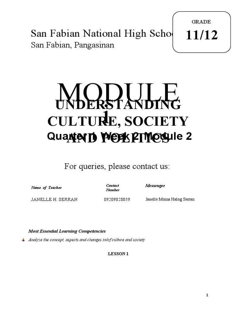 San Fabian National High School: Quarter 1 Week 2 Module 2 | PDF | Knowledge | Socialization