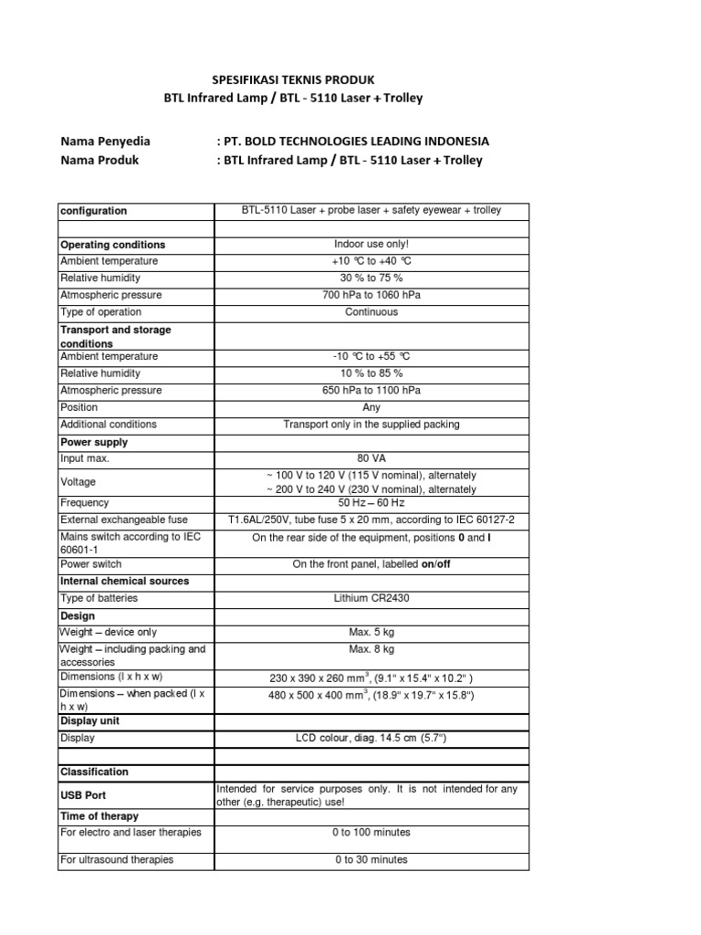 Spesifikasi BTL Infrared Lamp - BTL - 5110 Laser + Trolley | PDF ...