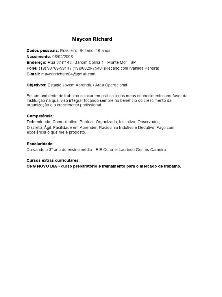 Perfil de Maycon Richard, 16 anos | PDF | Autoajuda | Bem-estar