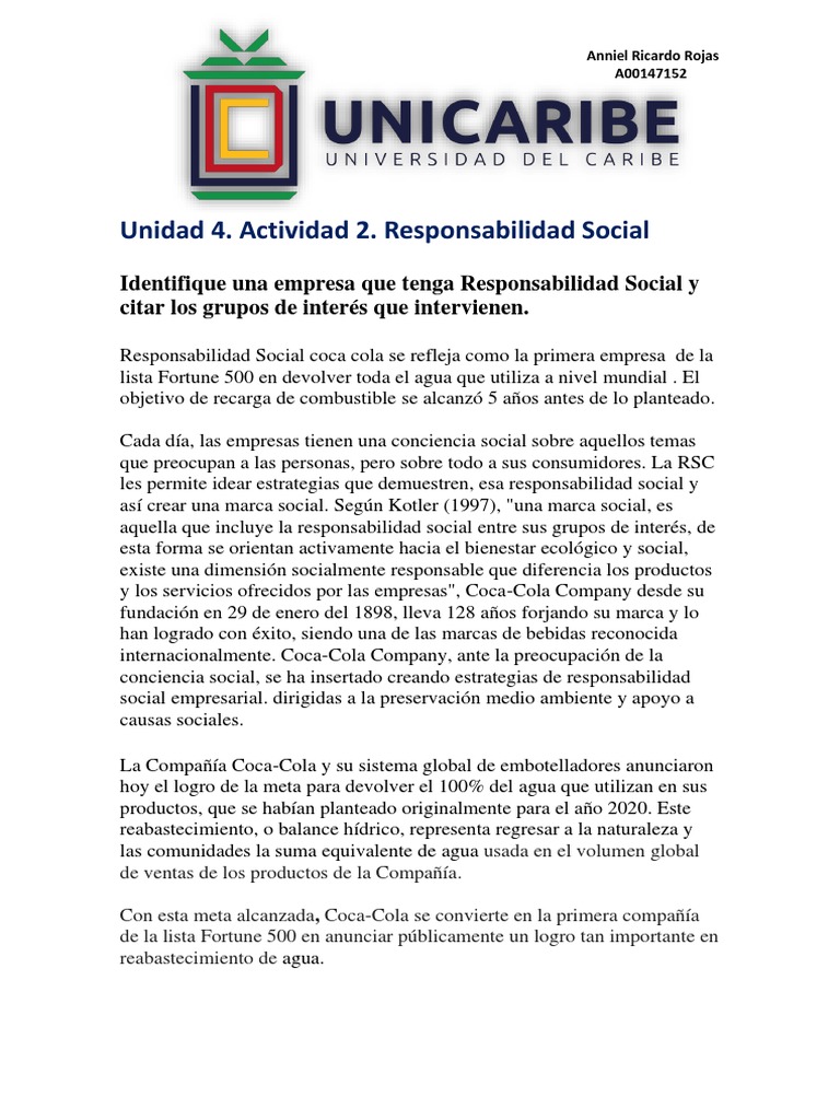 Rojas Rojas Anniel Ricardo Unidad 4. Actividad 2. Responsabilidad Social | PDF | Responsabilidad ...