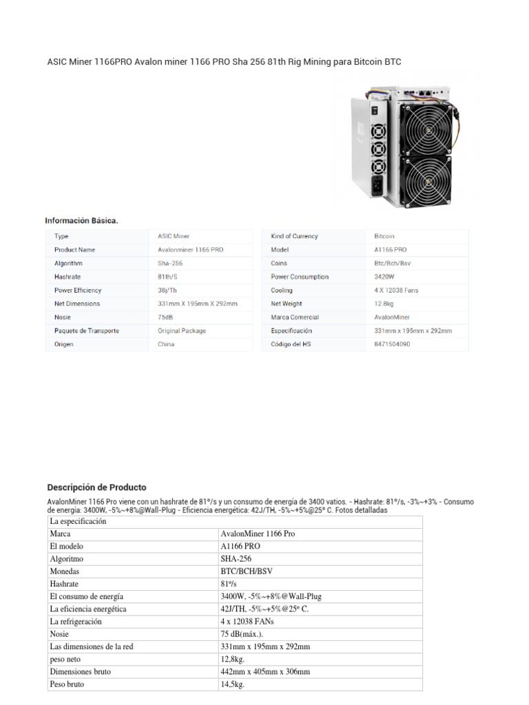 ASIC Miner 1166PRO Avalon Miner 1166 PRO Sha 256 81th Rig Mining para Bitcoin BTC | PDF