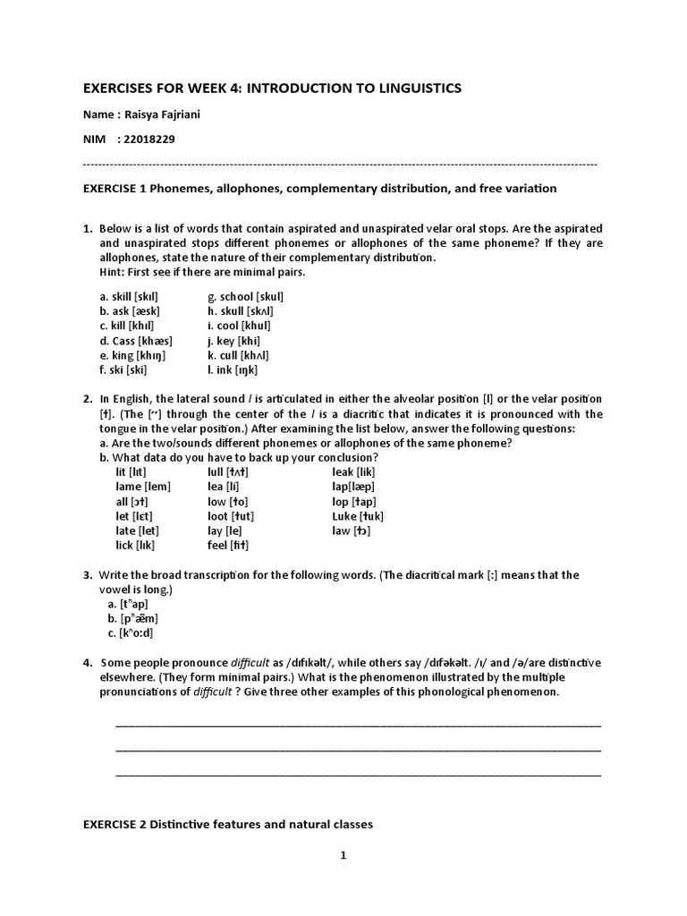 Exercises For Week 4-Raisya Fajriani-22018229-Itl | PDF | Phoneme | Cognition