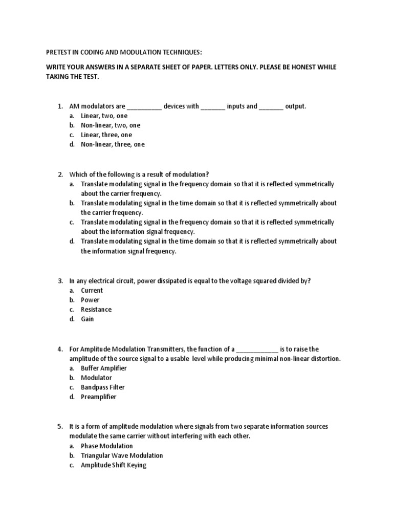 Coding And Modulation Techniques Pretest Pdf Modulation 0843