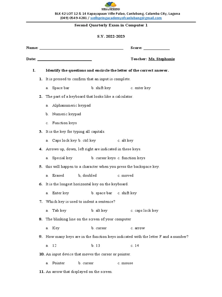 Third Quarterly Exam in Computer 1 | PDF | Cursor (User Interface) | Computer Keyboard