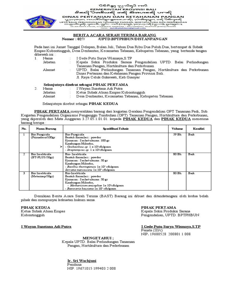 BAST Kelompok Tabanan Premadeko | PDF