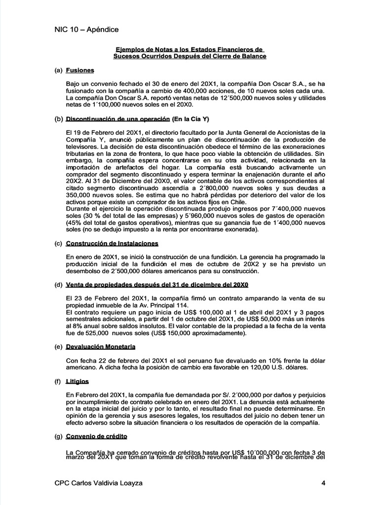 PDF Nic 10 Ejemplos de Notas A Los Estados Financieros de - Compress | PDF | Economias | Dinero