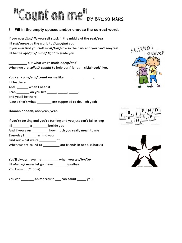 Count On Me Bruno Mars Song Worksheet Activities With Music Songs ...