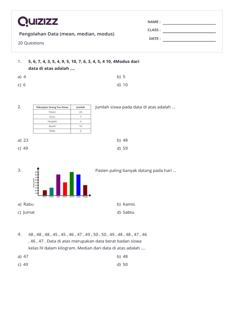 Pengolahan Data (Mean, Median, Modus) - Print - Quizizz | PDF