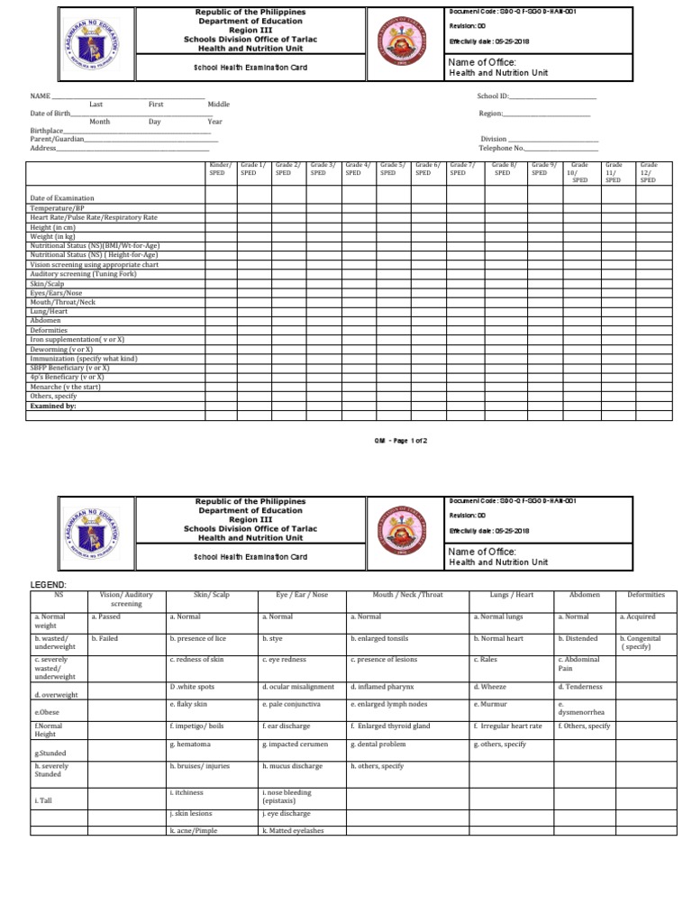 School Health Examination Card Template | PDF | Medical Specialties ...