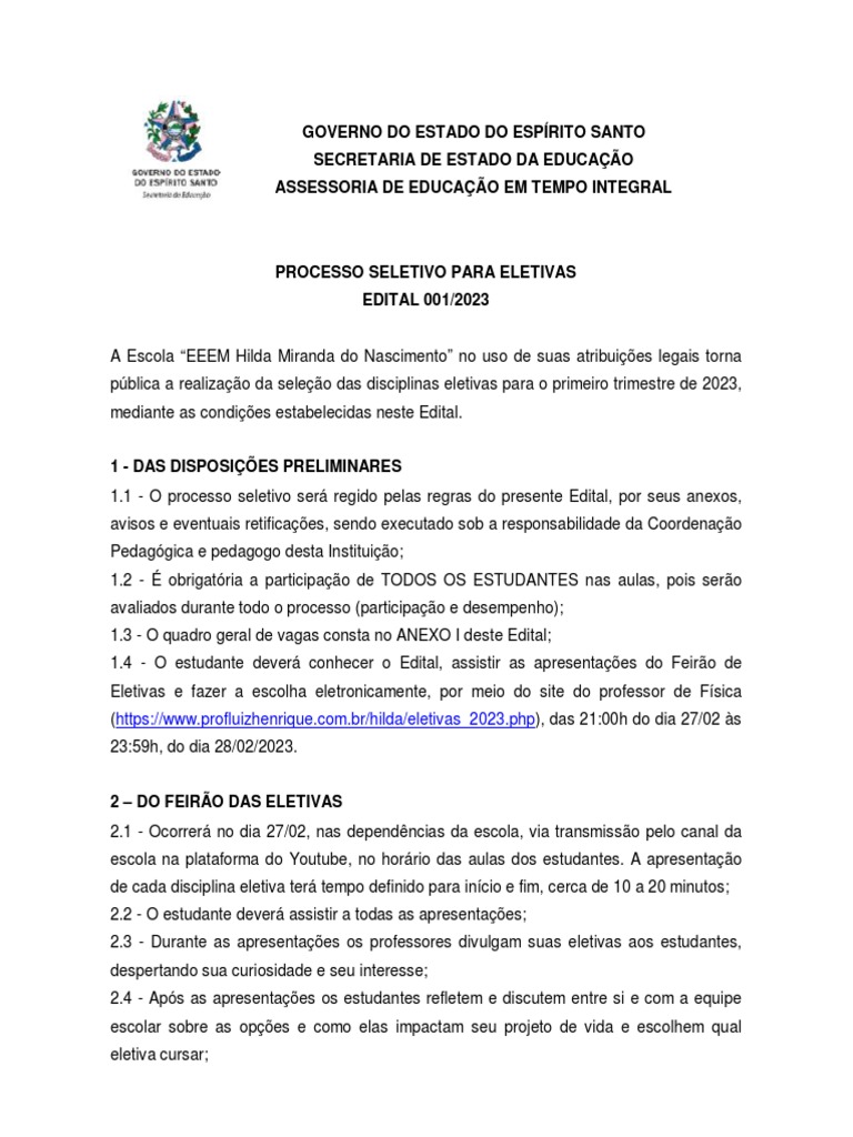 Edital ELETIVAS 2023 | PDF