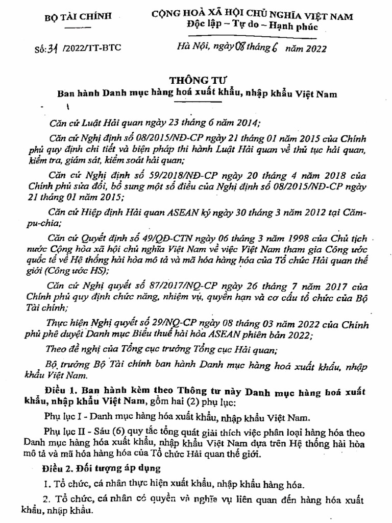 Thong Tu 31 2022 TT BTC Danh Muc Hang Hoa Xuat Khau Nhap Khau Viet Nam ...
