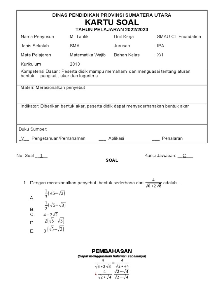 Template Dan Contoh Kartu Soal - Utama.Mat - Wajib.K-13. | PDF