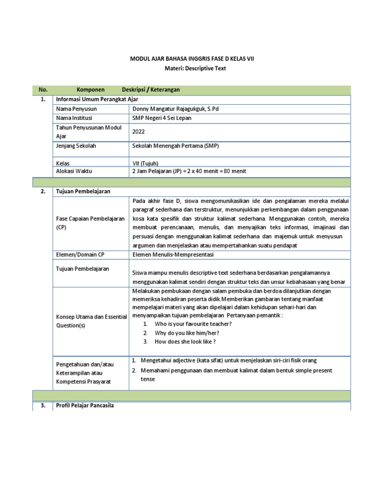 Modul Ajar Bahasa Inggris Fase D Kelas Vii Materi: Descriptive Text | PDF