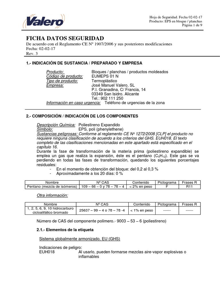 Ficha Datos de Seguridad - EPS - Rev.3 | Descargar gratis PDF | Agua | Reciclaje
