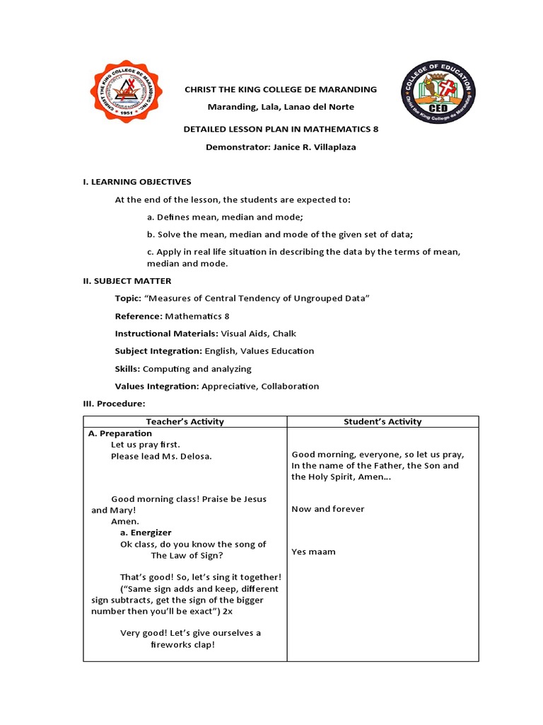 Detailed Lesson Plan In Mathematics Pdf Mean Mode Statistics