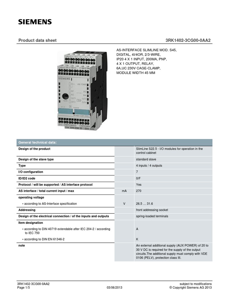 3RK1402 3CG00 0AA2 Siemens Datasheet 14371327 | PDF | Relay | Electricity
