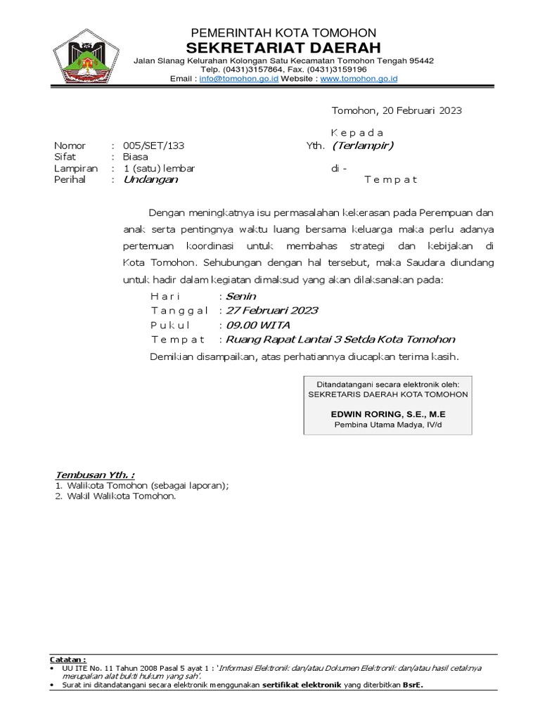 SURAT UNDANGAN RAPAT RAKOR DP3AD-1 - Signed | PDF