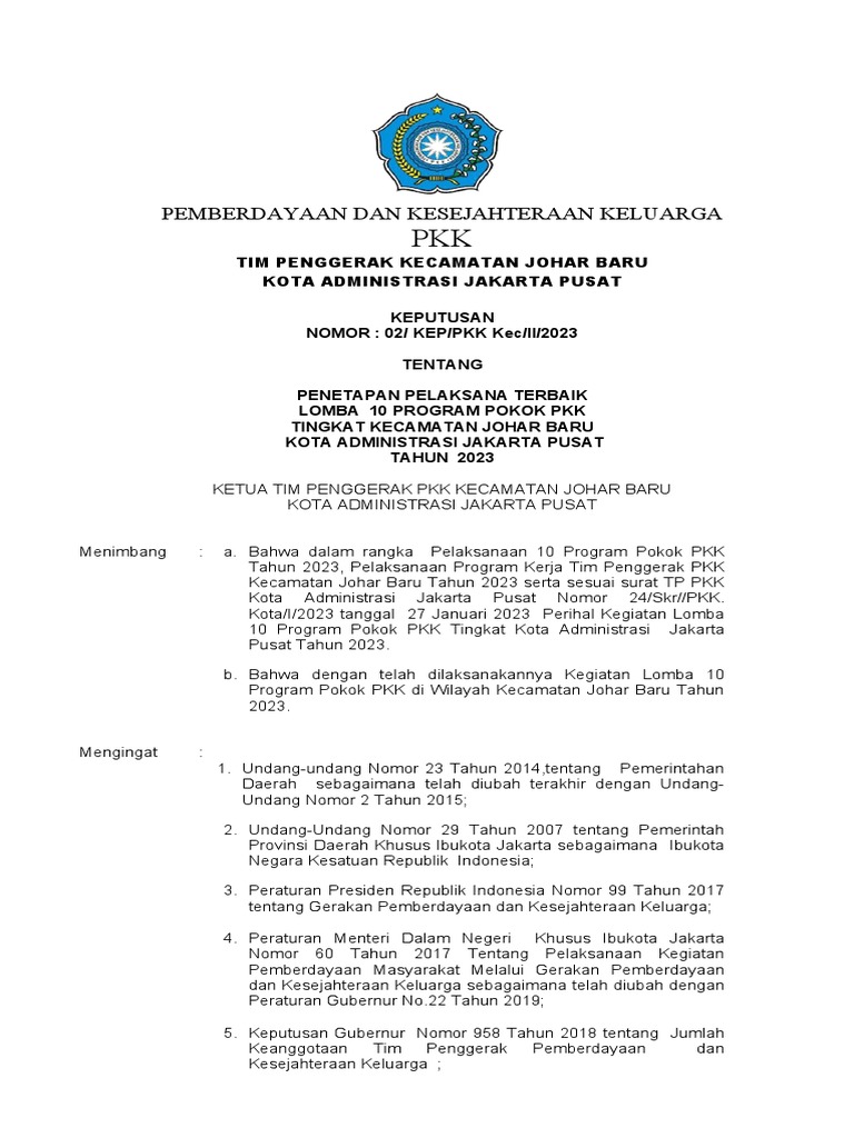 SK Pemenang Lomba PKK JB 2023 | PDF