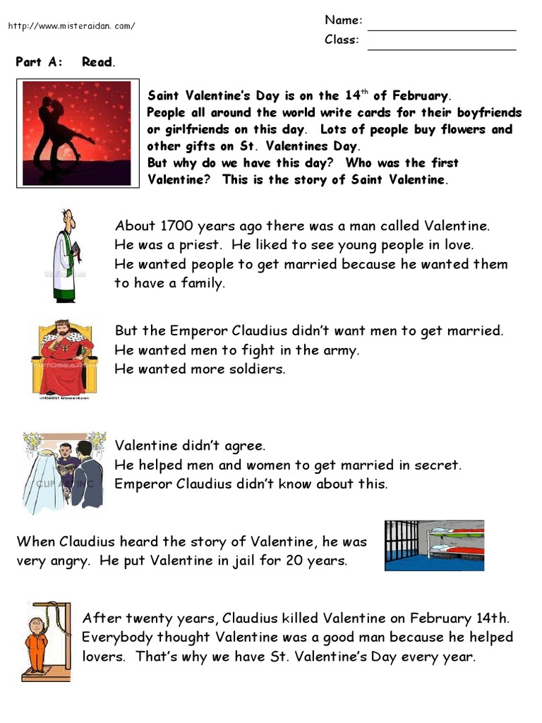The History of Valentines Day Reading Comprehension Exercises 24431 ...