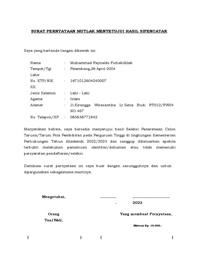 Surat Pernyataan Mutlak Menyetujui Hasil Sipencatar | PDF