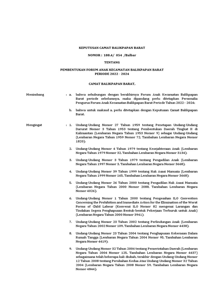 SK Camat Forum Anak Kecamatan 2022-2024 | PDF