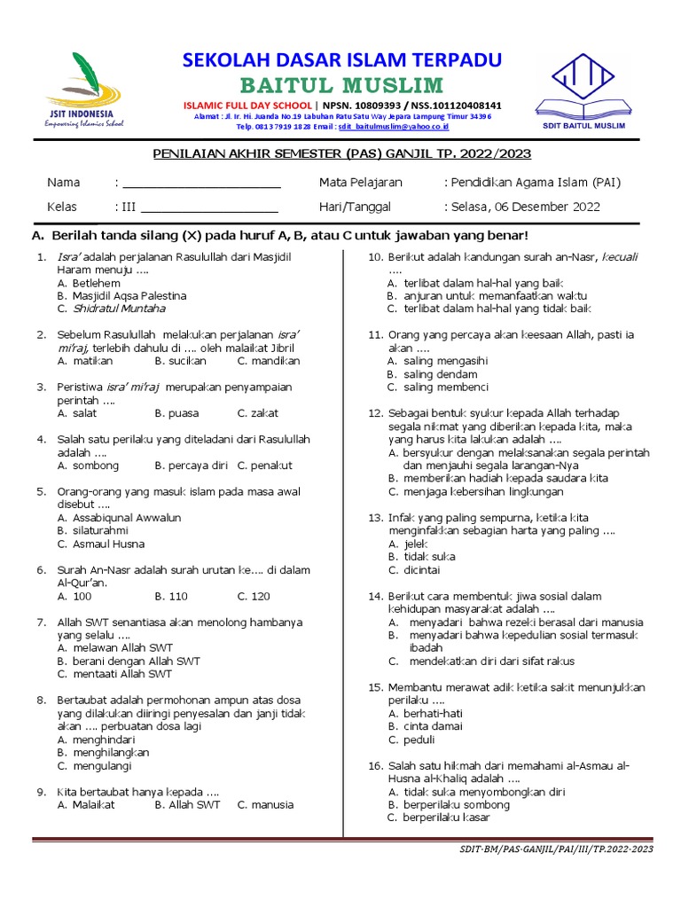 SOAL PAS GANJIL PAI Kelas 3 New | PDF