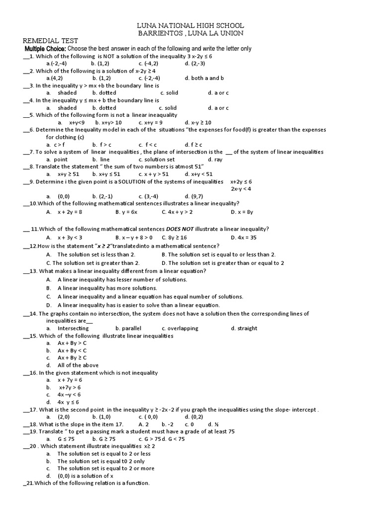 Linear Inequalities: Solutions to a Remedial Test on Linear ...