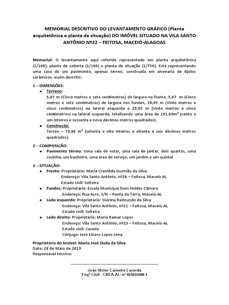 Planta e Memorial de Imóvel Térreo | PDF