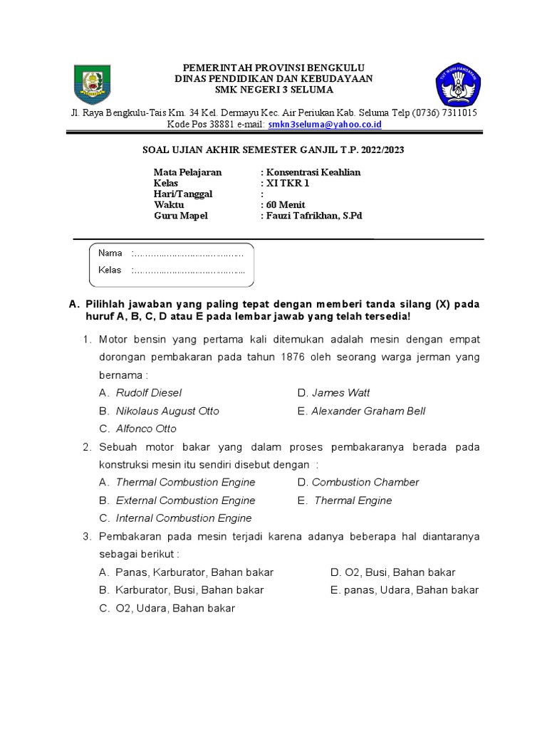 Soal UAS Konsentrasi Keahlian TKR XI | PDF