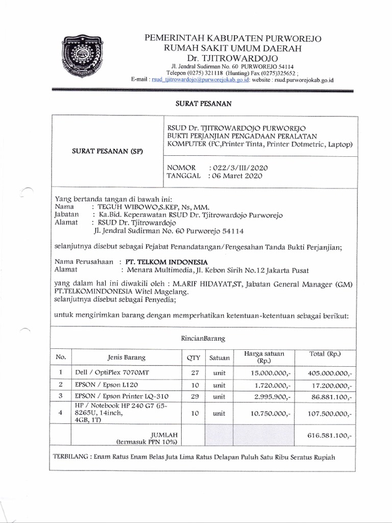 Judul Surat Pesanan Barang Elektronik RSUD Purworejo | PDF
