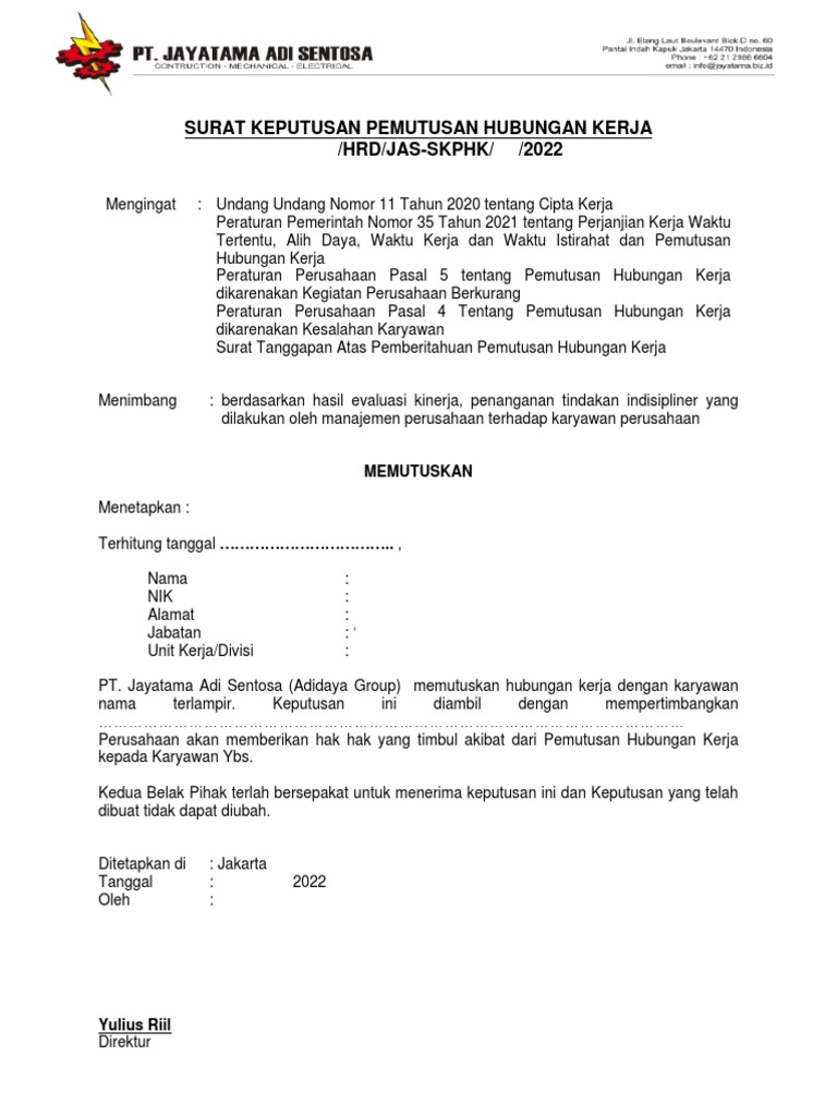 Surat Keputusan Pemutusan Hubungan Kerja | PDF