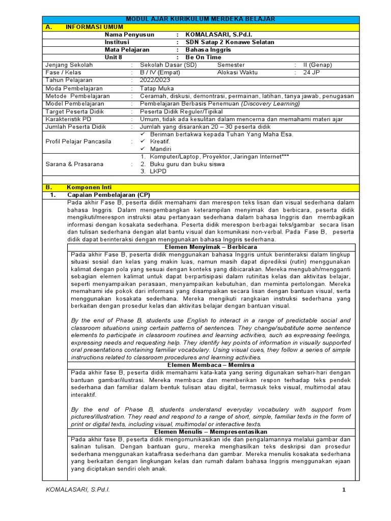 RPP B. Inggris Kls IV Sms 2 | PDF | Karier & Perkembangan | Seni & Disiplin Bahasa