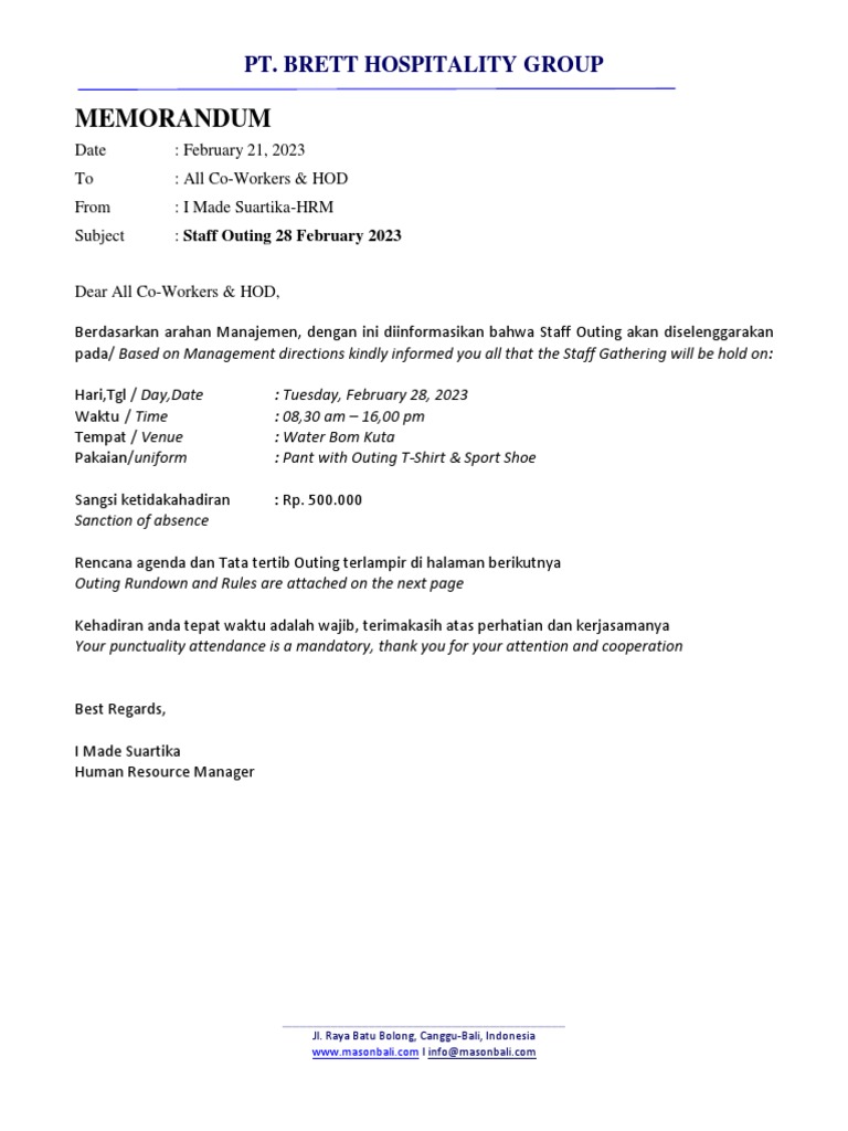 Memo-Staff Outing-February 28, 2023 | PDF