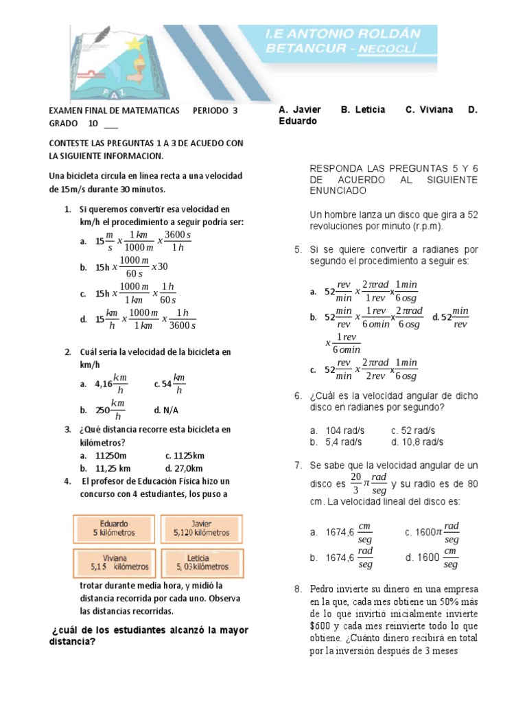 Examen Final de Matematicas Periodo 3 Grado 10 | PDF | Cantidades ...