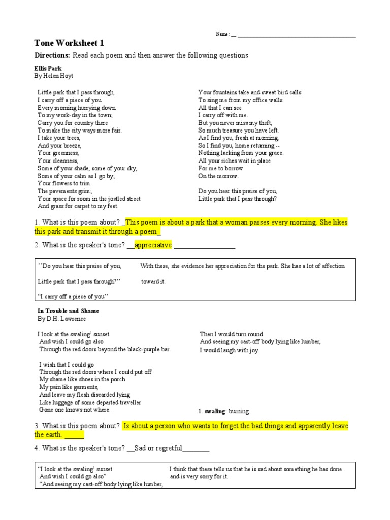 Poem's Tone Worksheet | PDF