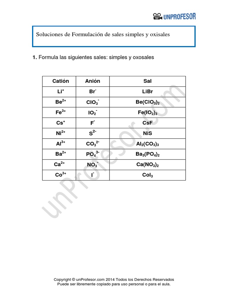 Solucion Formulacion de Sales Simples y Oxisales 781 | PDF