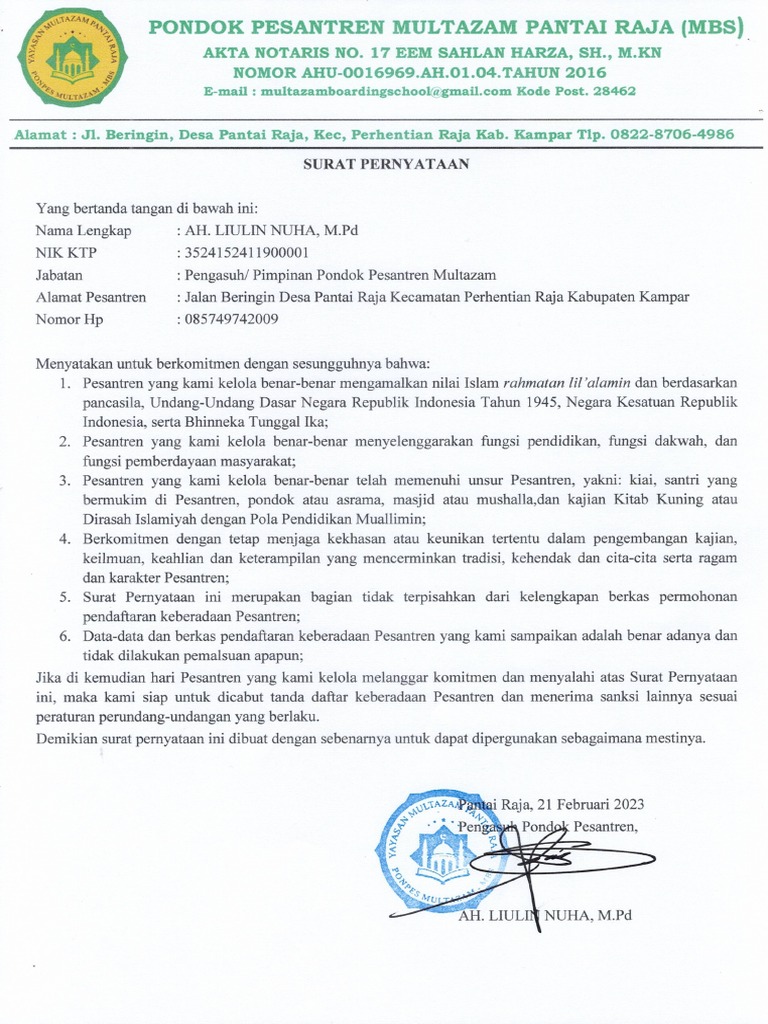 Surat Pernyataan Pengasuh Pondok 1 | PDF