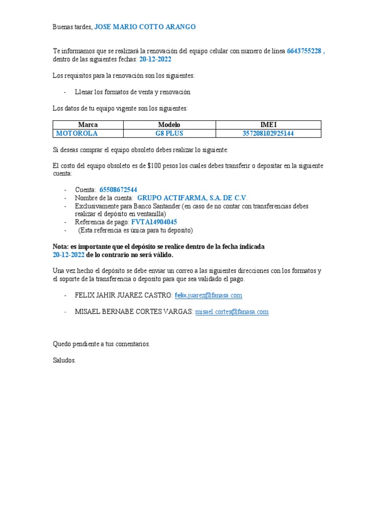 Carta para Envio de Correos de Renovación (SUCURSAL) | PDF